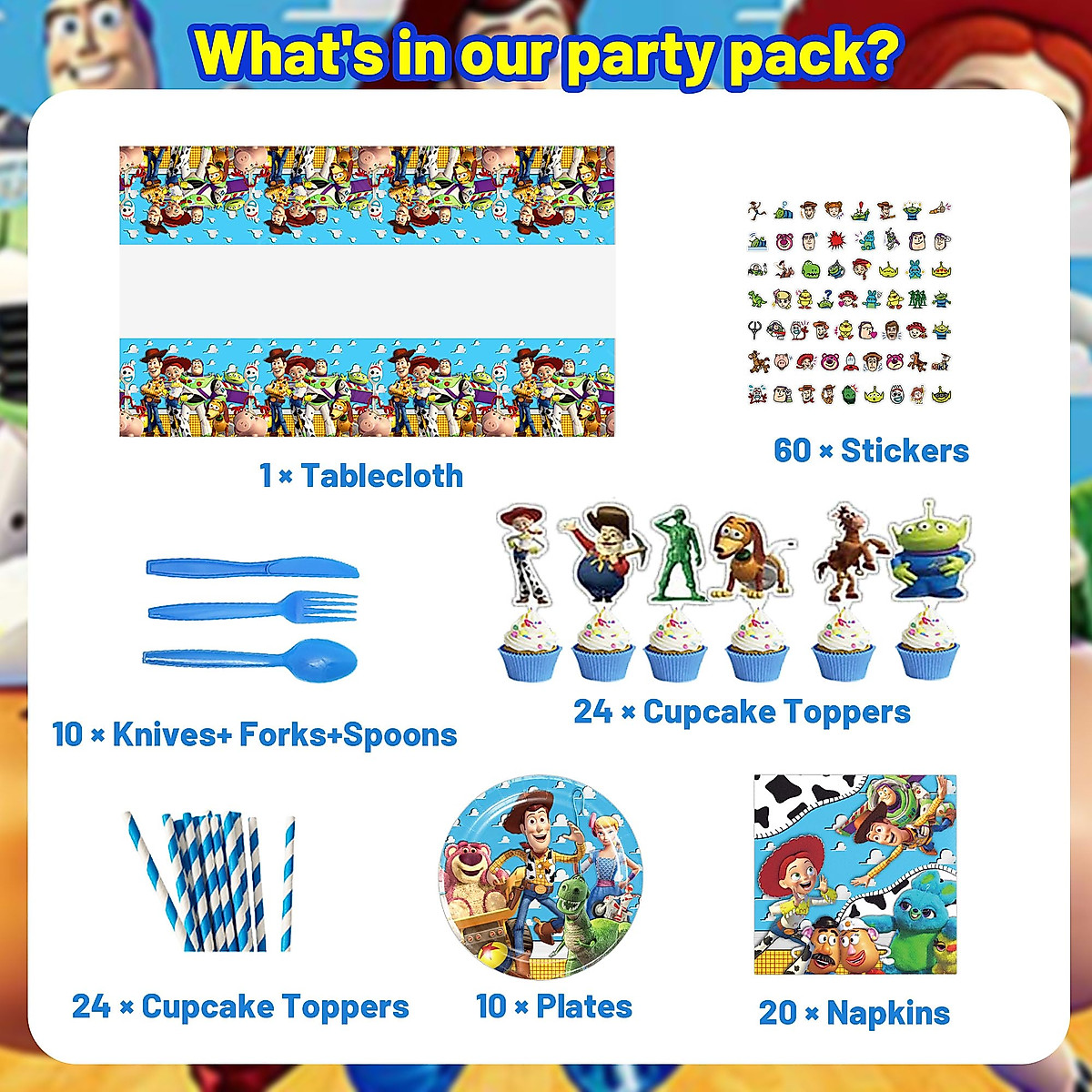 269Pcs Birthday Party Supplies, Cartoon Birthday Party Decorations for Serves 10 Guests, Include Backdrop, Cake & Cupcake Toppers, Latex Balloons, Tablecloth, Tableware, Foil Balloons and Stickers