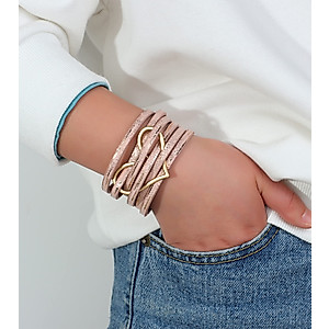 hotoo Pink Leather Wrap Bracelets for Women Boho Bracelet Heart Aesthetic Cuff Friendship Multi-layer Christmas Gifts for Her