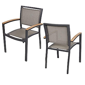 KARMAS PRODUCT 4 Pack Stackable Indoor/Outdoor Patio Dining Chairs with Teak Armrest,Textilene Mesh Fabric Aluminum Frame,Gray
