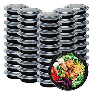Klex Meal Prep Containers with Airtight Lids, BPA Free, Reusable Plastic Food Container, 12 oz, Round, Black/Clear, 50 Sets