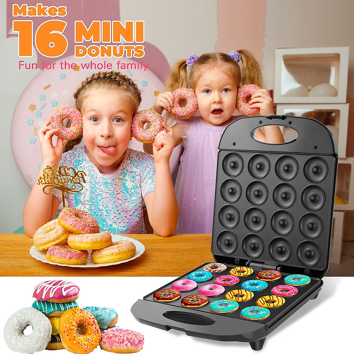Mini Donut Maker, 16 Holes Small Doughnuts Maker Machine, Mini Pancake Maker for Kid-Friendly Breakfast, Snacks, Desserts & More with Non-stick Surface, Double-sided Heating