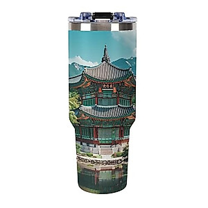 Korean Architecture Palace of Koreas Insulated Tumbler with Lid And Straw Stainless Steel Travel Coffee Mug 40oz Violet-style