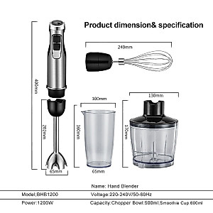 Immersion Hand Blender Multi-Purpose 220V 4 IN 1 Blender Heavy Duty Copper Motor Stainless Steel Finish Includes Whisk Attachment, Chopper and Smoothies Cup (EU Plug)