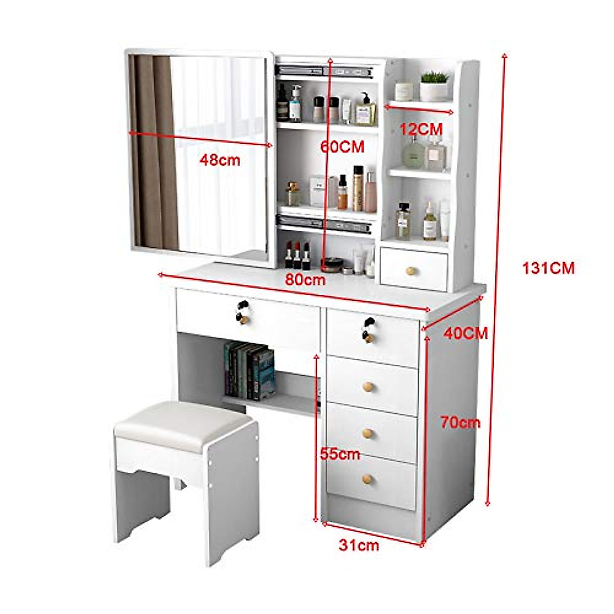Saicheng White Makeup Vanity Set with Sliding Lighted Mirror ,Dressing Table with 5 Storage Drawers Shelves , Dresser Desk & Cushioned Stool Set for Bedroom