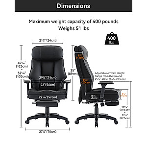 DJ·Wang Big and Tall Office Chair 400lbs, Executive Office Chair with Foot Rest, High Back Office Chair with Back Support, Oversized Office Chair for Heavy People, Leather Office Chair Black