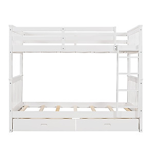 Harper & Bright Designs Twin Over Twin Bunk Bed with Storage Drawers, Solid Pine Wood Frame and Ladder with Guard Rails for Kids, Teens, Boys and Girls, No Box Spring Needed, Bunk Bed White