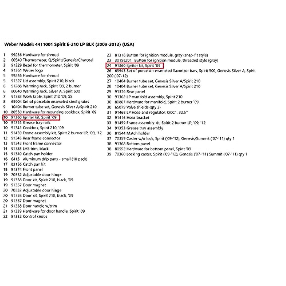 Weber 91360 Electronic Battery Igniter Kit for Spirit (2009-2012) Gas Grills