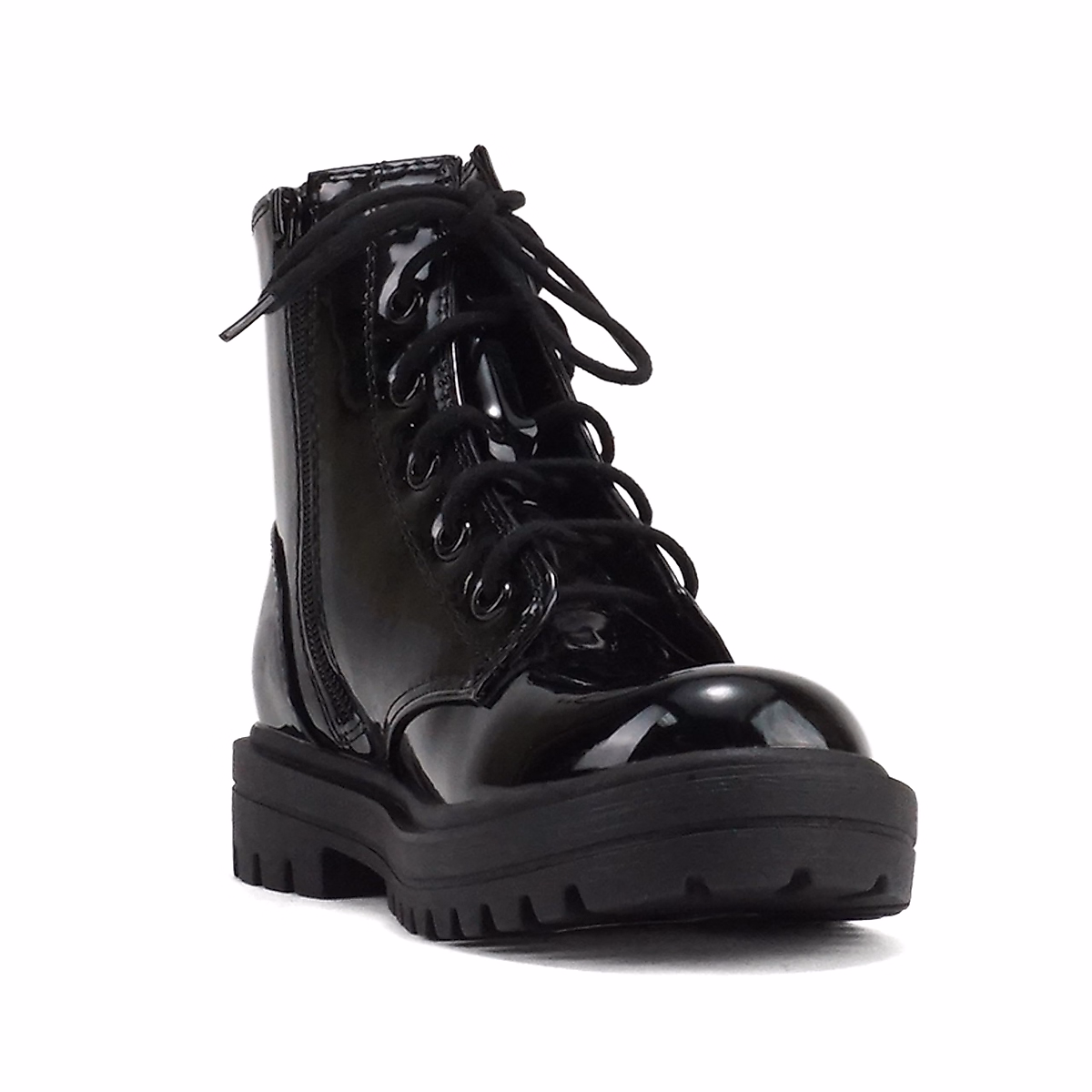 Soda FIRM-2 KIDS/CHILDREN/GIRLS Lug Sole Fashion Combat Ankle Bootie Lace up w/Side Zipper (PATENT BLACK, numeric_3)