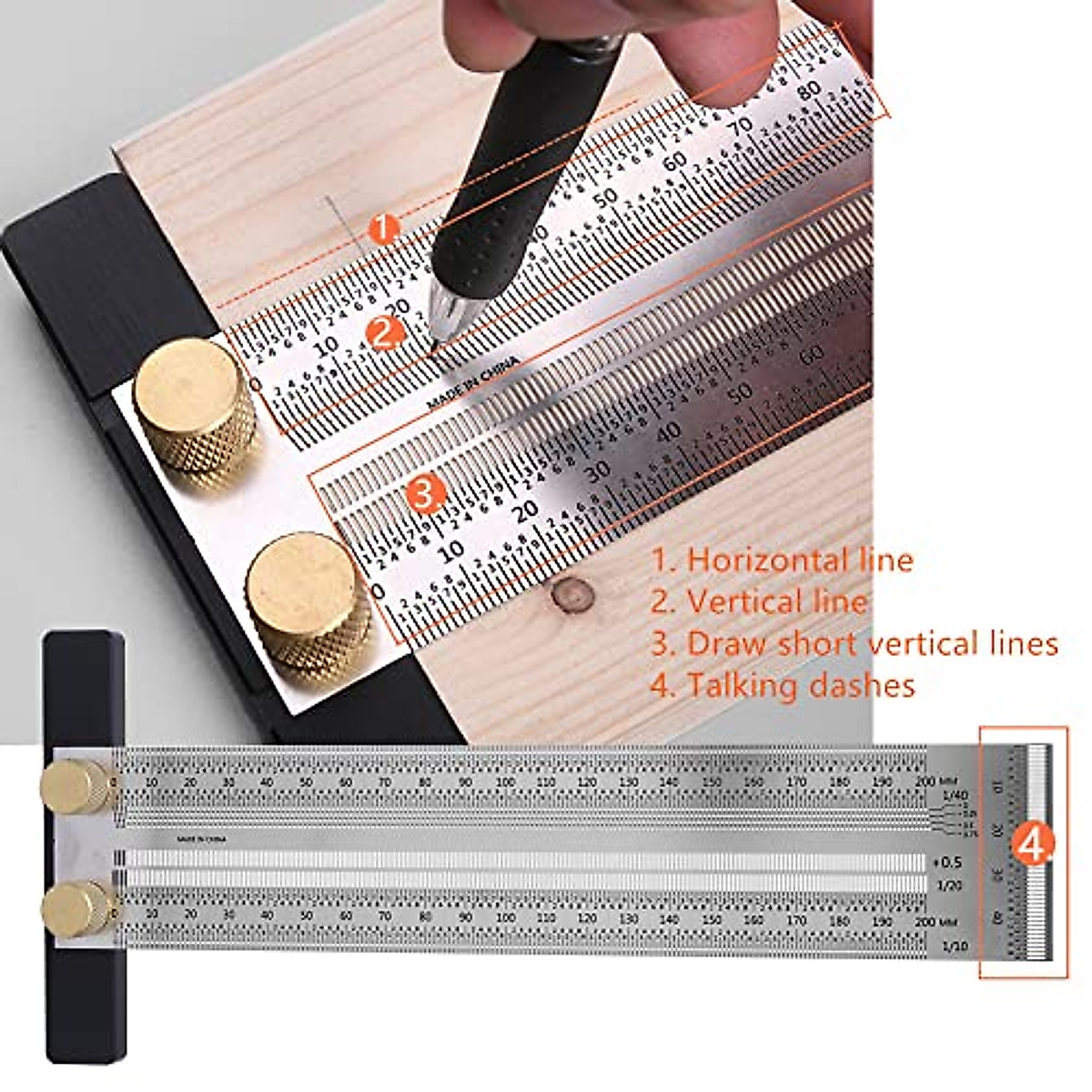 Precision Marking T-Rule Stainless Steel T Type Hole Ruler Scribing Gauge Marking Measuring Tool with Automatic Pencil 200mm/300mm/400mm(200mm)