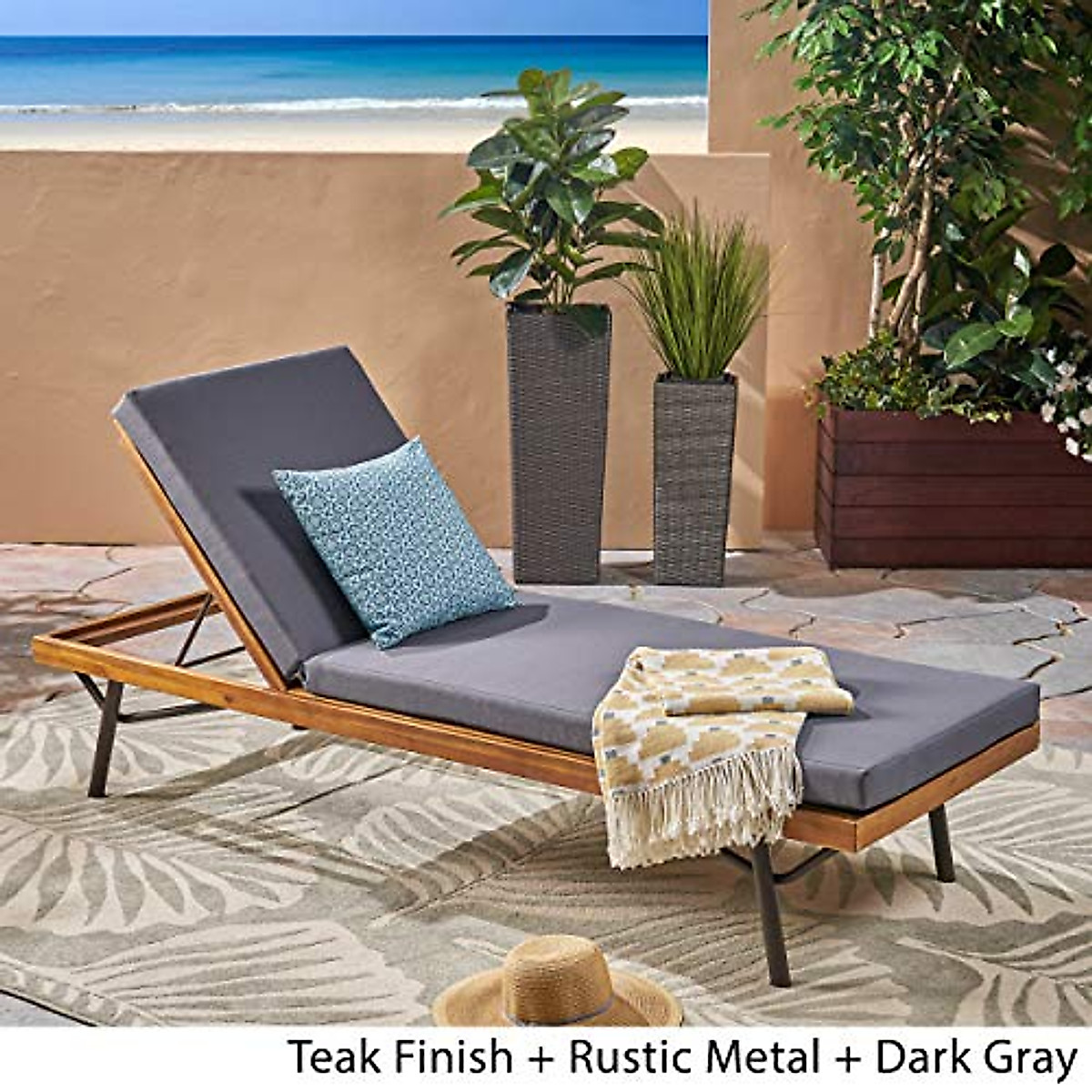 Christopher Knight Home Lilith Outdoor Chaise Lounge, Teak Finish + Rustic Metal + Dark Gray