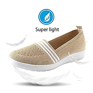 MUSSHOE Womens Walking Shoes Slip on Comfortable Elastic Knit Women Sneakers,Beige 7