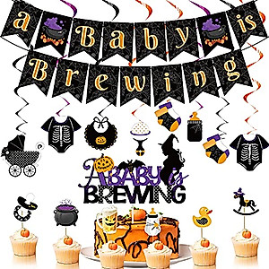 Halloween Baby Shower Party Decorations a Baby is Brewing Banner Baby Gender Reveal Decorations Halloween Hanging Swirls Baby Shower Cake Cupcake Toppers for Indoor Outdoor Halloween Party Favors