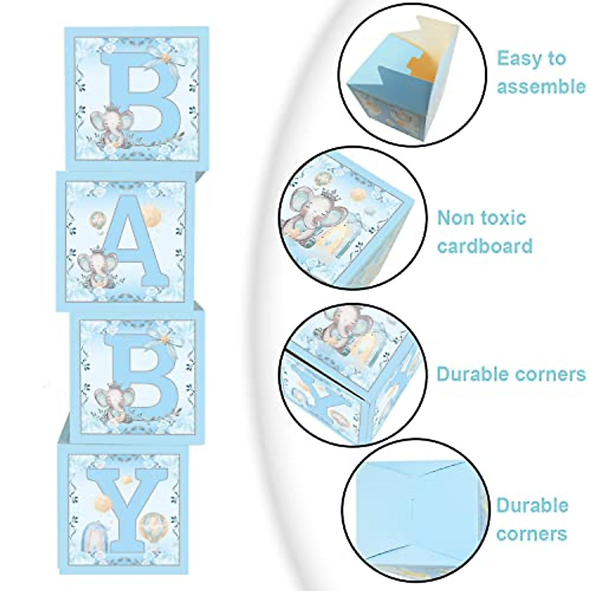 4 Pcs Blue Elephant Baby Balloon Boxes, Blue Theme Baby Boxes with Elephant Printed for Blue Boy Baby Shower Birthday Party Decorations Gender Reveal Backdrop