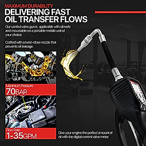 Lubeworks Oil Control Valve Meter Nozzle Preset Digital 10 Gpm / 35 Lpm Heavy Duty Air Operated Pneumatic 1/2" Inch Npt Inlet Pressure Range 7-1000 Psi / 0.5-70 Bar Flexible Spout