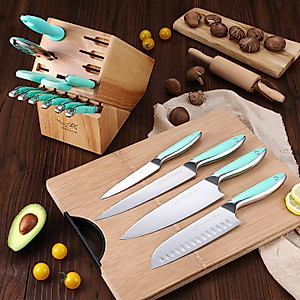 Knife Sets for Kitchen with Block, YONOVAK Blue Whale Series 15-Piece 1.4116 German Steel Full Tang Handle Chef Kitchen Knife Set with 6 X Laguiole Steak Knives