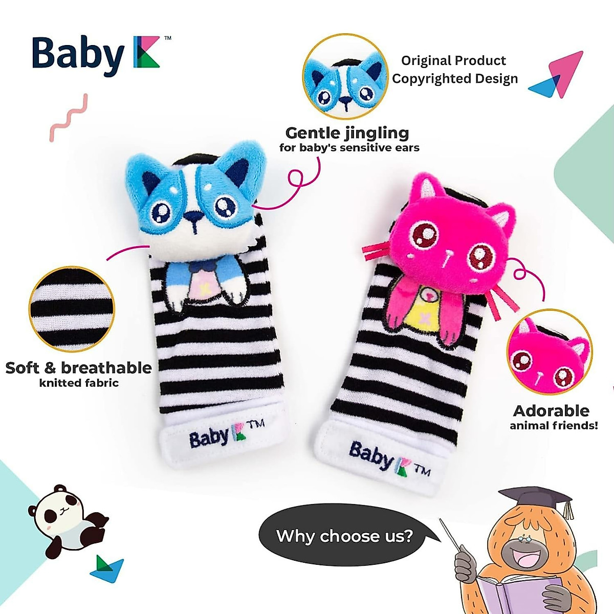 BABY K Baby Rattle Socks for Girls & Boys (Pet Set) - Baby Toys 6-12 Months - Baby Wrist Rattles and Foot Rattles - Baby Toys for Newborns As Gift - Easy to Wear Baby Rattle Toys