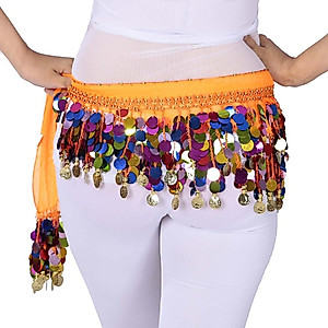 ZLTdream Belly Dance Color Sequin Film Gong Hip Scarf Skirt With Gold Coins For Women Belly Dancer Costume Chiffon Orange
