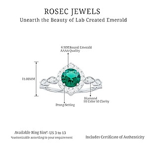 Lab Grown Emerald Diamond Engagement Ring, AAAA Quality, Certified 6 MM Round Emerald Halo Ring (With Jewelry Box), 14K Yellow Gold, Size:US 7.00