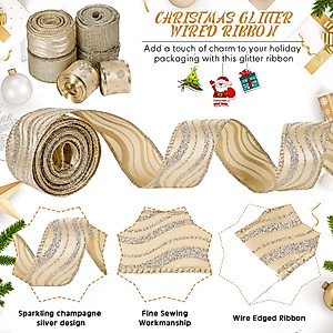 Jutom 6 Rolls Champagne Christmas Ribbon Wired 1.5 Inch Gold Christmas Tree Ribbon Glitter Mesh Ribbon Satin Snowflake Ribbon for Crafts, Gift Wrapping, Tree, Wreaths, Garland Total 36 Yard