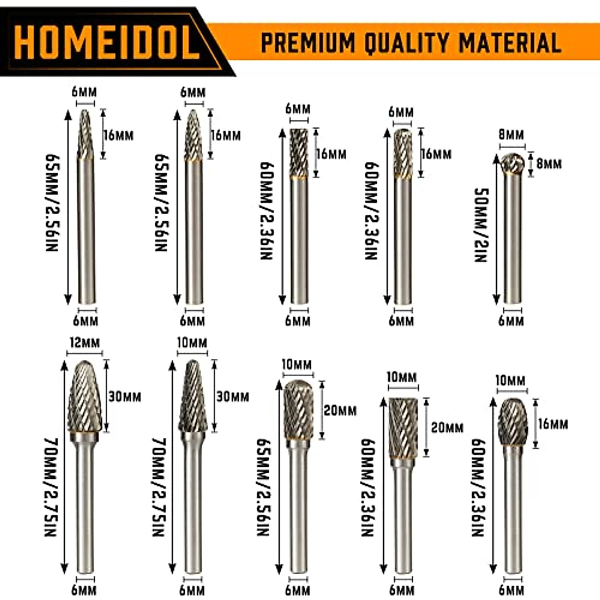 Carbide Burr Set Die Grinder Bits Rotary Tool Bits 1/4" Shank 10 PC Double Cut Wood Carving Accessories Cutting Burrs Metal Grinding Engraving Polishing Porting Trimming