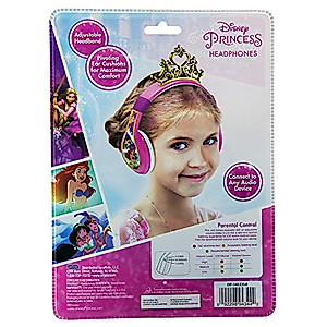 Disney Princess Kids Headphones, Adjustable Headband, Stereo Sound, 3.5Mm Jack, Wired Headphones for Kids, Tangle-Free, Volume Control, Foldable, Childrens Headphones Over Ear for School Home, Travel