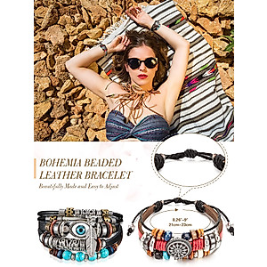 Hicarer 9 Pieces Bohemian Vintage Dangle Earrings Set Boho Retro Rhinestone Drop Earrings Multi-layer Beaded Leather Bracelet and Turquoise Bead Necklace Jewelry for Women