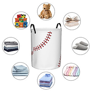Red Stitching Baseball White Round Laundry Hamper Storage Basket Toys Clothes Organizer Bin For Home Bathroom Bedroom Dorm Nursery, 62L
