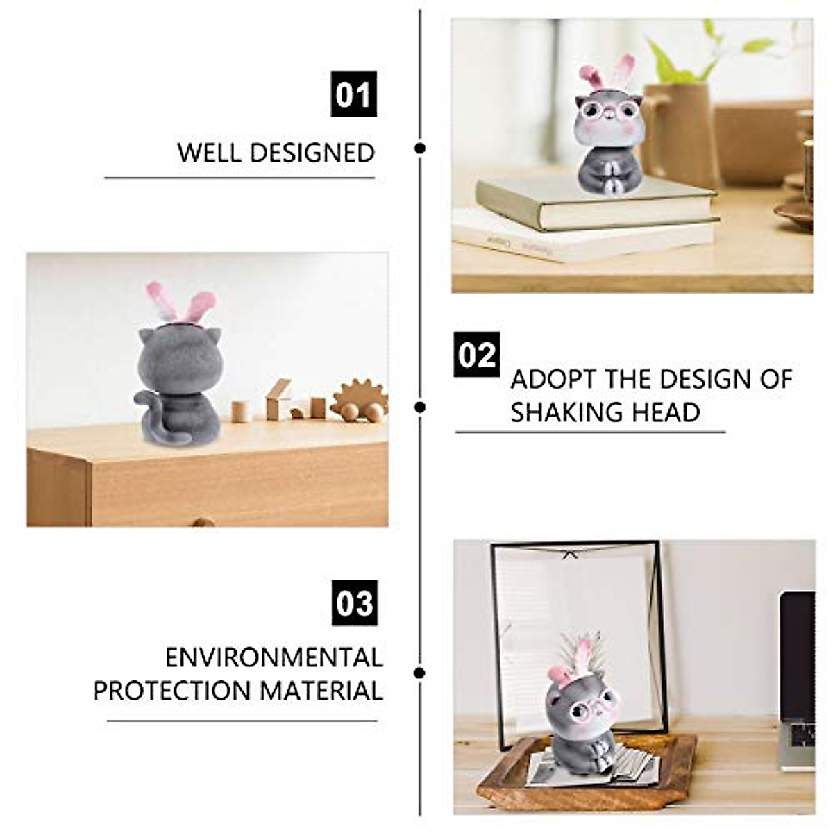 Amosfun Cat Bobblehead Ornaments Shaking Head Rabbit Ear Lucky Cat Figurines Animal Dancing Figure Toy Car Dashboard Decorations for Vehicle Home Office Desktop (Grey B)