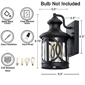 Laplusbelle 2-Pack Outdoor Wall Lights, Porch Lights, Waterproof Outdoor Wall Sconce, Exterior Light Fixture Matte Black with Clear Glass Shade for Garage Patio Front Door Balcony