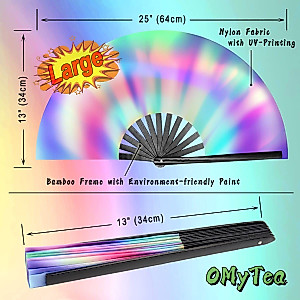 OMyTea UV Glow Rave Fan Foldable for Women/Men/Drag Queen - Large Clack Festival Folding Hand Fan - for EDM, Music Festival, Event, Party, Dance, Performance (Aurora)