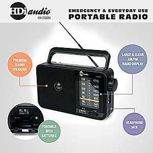 HDi Audio Home Portable AM/FM Radio, Battery Operated, Or AC Power, | Headphone Jack | Big Speaker | Large Operated Analog Radio | Black