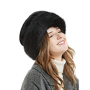 Soul Young Women's Leopard Faux Fur Hat with Fleece and Elastic for Winter(One Size,Black)
