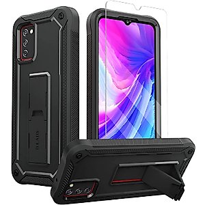 B LABS Compatible with Samsung Galaxy A02s Phone Case - Ultimate Drop Protection with Built-in Screen Protector and Kickstand (Black)