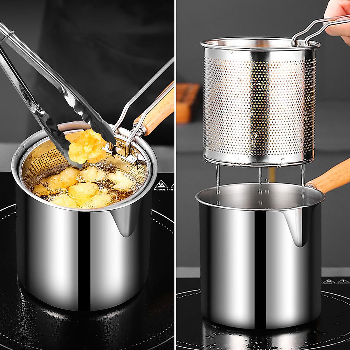 Small Deep Fryer Pot with Basket, Mini Fryer and Soup Pot with Tongs and Lid for 1-2 People, Works on Gas or Induction Burner, Dishwasher Safe, 1.3-Quart