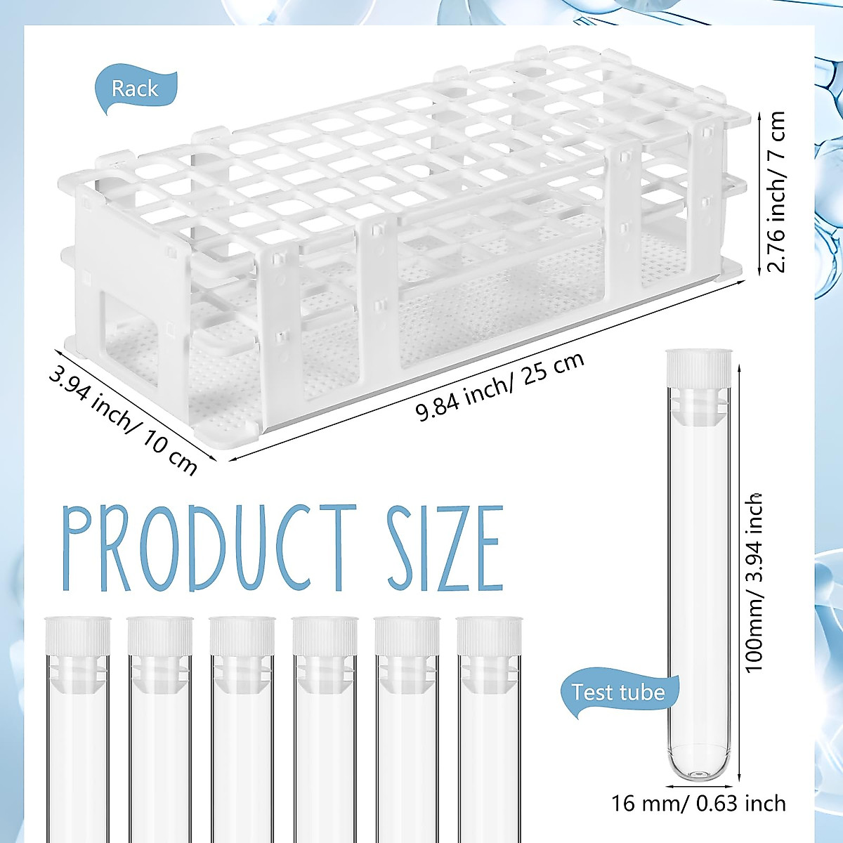 Threehoney 120 Pcs Plastic Test Tubes with Rack Set 16 x 100mm Test Tube with Caps and 60 Holes Tubes Rack for Scientific Experiments Candy Liquid Spice Seed Storage Party Decorations (White)