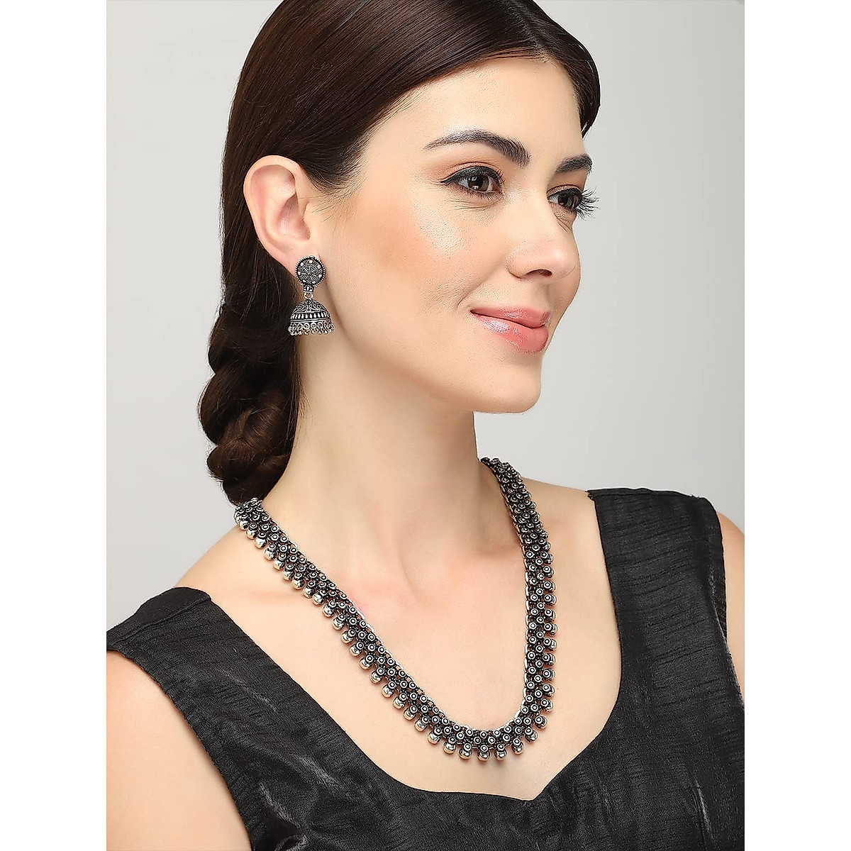 Yellow Chimes Antique Silver Oxidized Ethnic Indian Traditional Kolhapuri Long Necklace Set with Jhumka Earrings Fashion Jewelry for Women