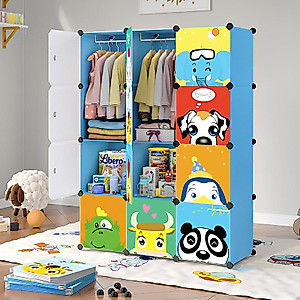 MAGINELS Kids Closet,Baby Wardrobe Closet with Door,Cute Portable Armoire Dresser,Clothes Hanging Storage Rack for Boy Bedroom,Blue,12 Cube(14x14inch)