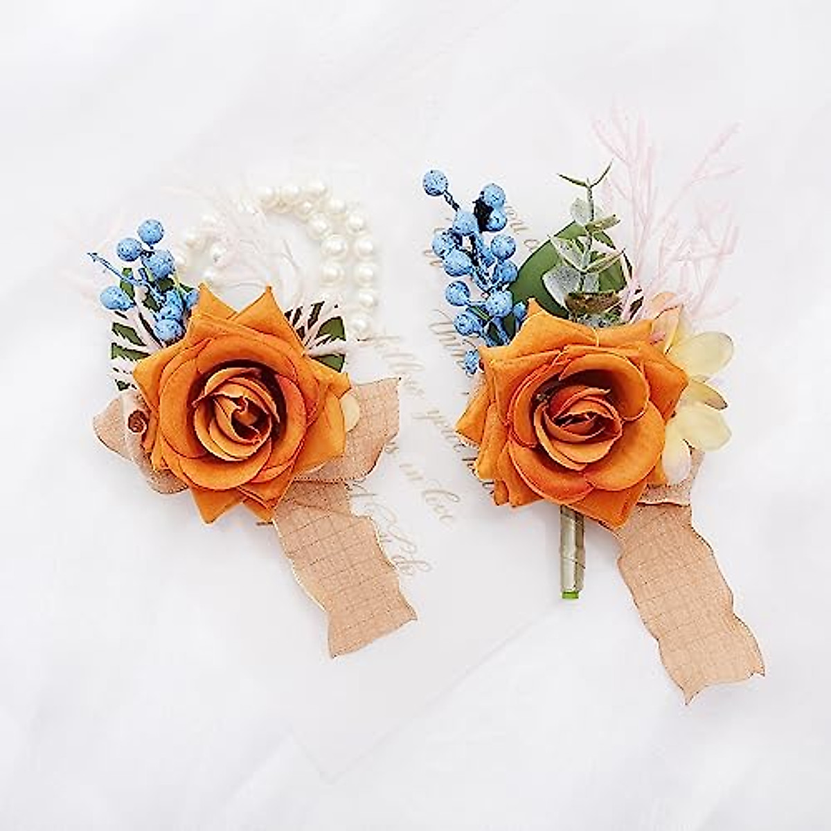 AJOYEGG Wrist Corsage and Boutonniere Set: Corsage Wristlet Band Bracelet Flower and Men Boutonniere Rose Flower Set for Wedding Prom Suit Decoration(Burnt Orange)