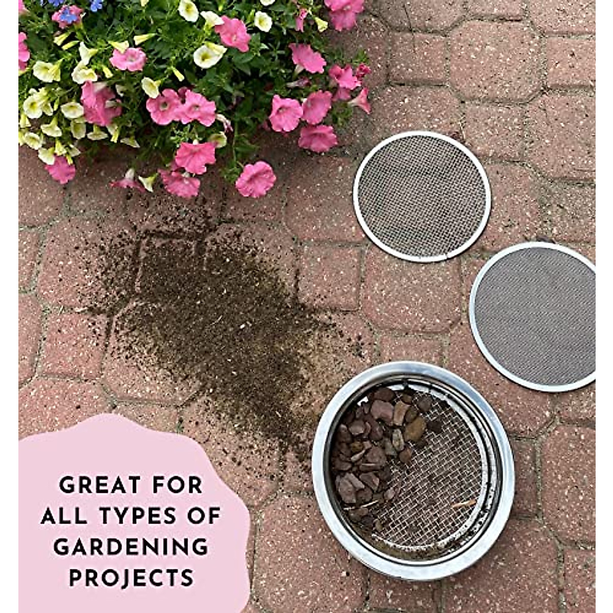 SOIL SIFTER Garden Sieve Sifting - Stainless Sieve,Φ9.5in Interchangeable Pan Contain 3 Specification Sieve,Soil Scoops Dirt for Soil,Peat Moss and More., Silver