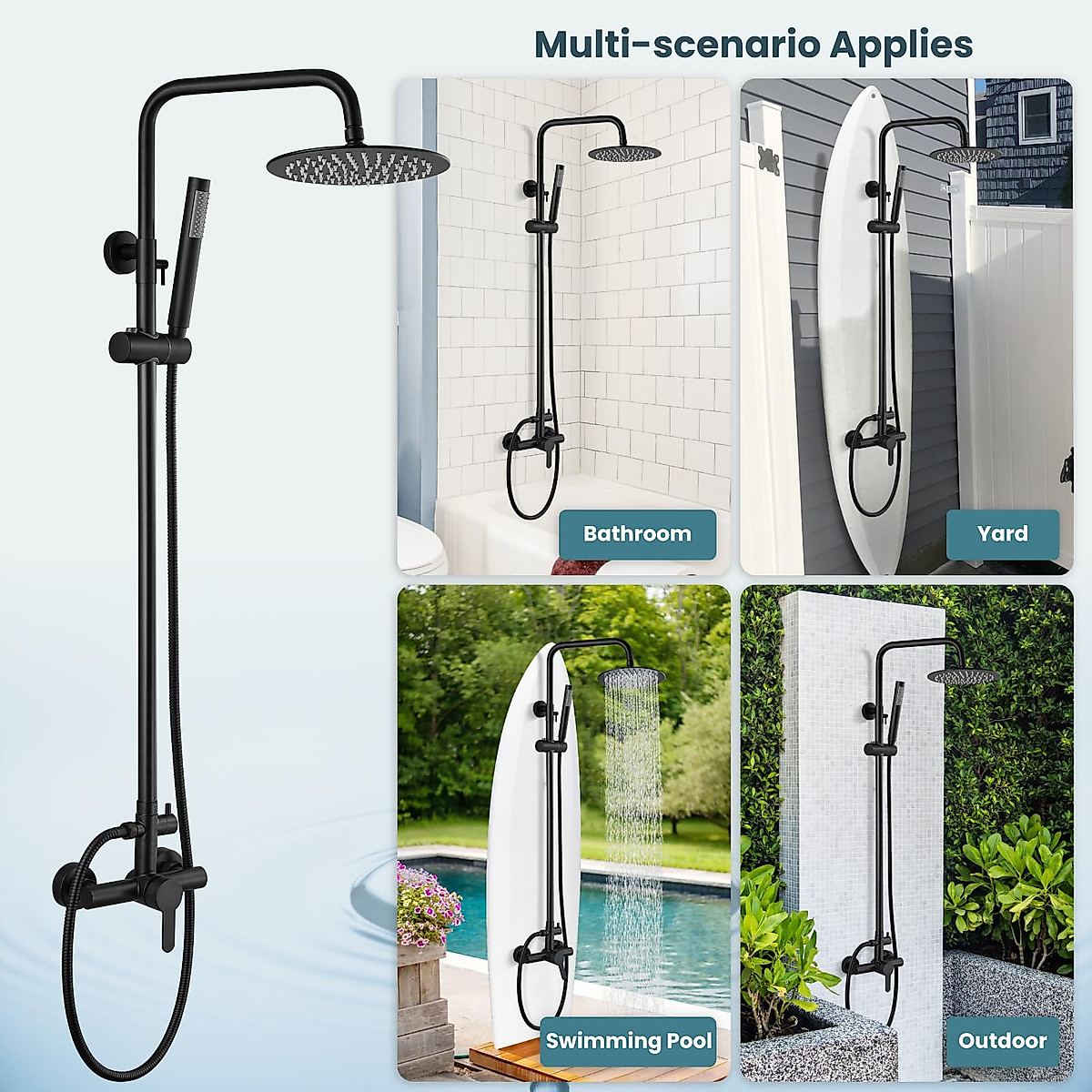gotonovo Matte Black Outdoor Shower Fixture SUS304 System Combo Set Rainfall Single Handle High Pressure Hand Spray Wall Mount 2 Dual Function Stainless Steel