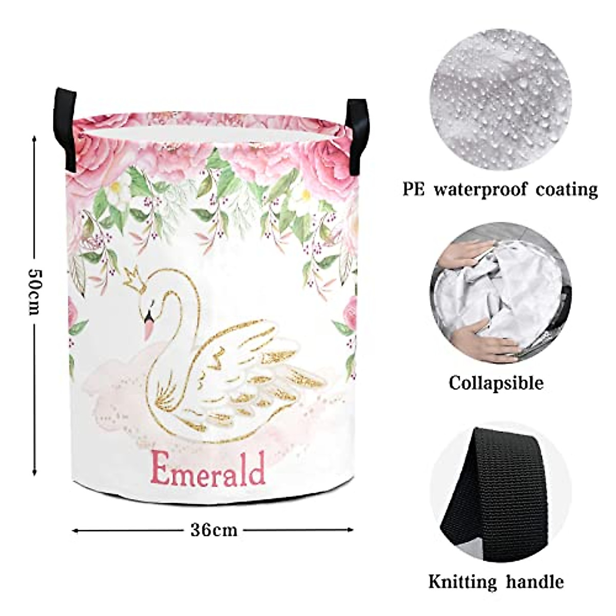 Personalized Watercolor Fantasy Floral Swan Waterproof Laundry Basket Handles Collapsible Hamper Storage Basket for Office Bathroom