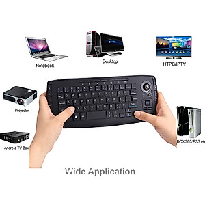 Fonicer Multimedia 2.4Ghz Wireless Mini Keyboard with Trackball Mouse Scroll Wheel for PCMacAndroid Tv Box, Remote Controller,X Structure, Black
