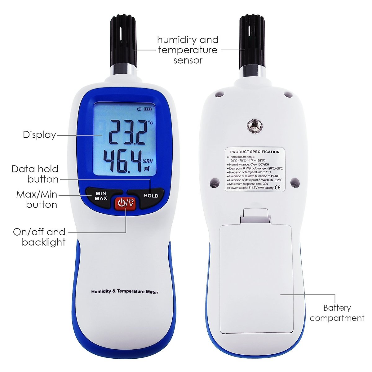 Gain Express Digital Humidity & Temperature Meter Hygrometer Psychrometer, Dew Point and Wet-Bulb Temperature Range -4~158°F, Humidity Range 0~100% RH, Min/Max Hold, LCD Backlight