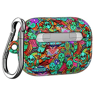 Hard Case Compatible with AirPods Pro 2 | AirPods Pro | AirPods 3 gen 2 1 Plastic Green Aliens Meditation Earpods Hook Trippy Psychedelic Cover with Keychain Portable UFO Shockproof Protective Design