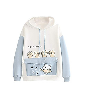 Cute Cat Hoodie for Teen Girls Long Sleeve Tops Funny Color Splicing Tees Kawaii Autumn Sweatshirt Comfy Blouse Blue