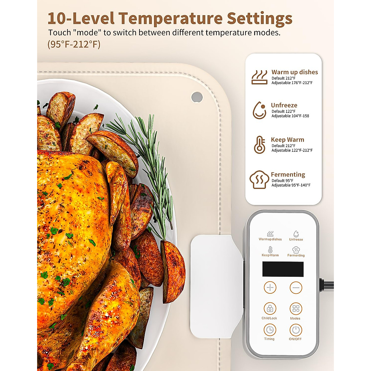 Food Warming Mat - Electric Warming Tray Full Surface Heating with Detachable Plug, Adjustable Temperature and 12 Hours Timer, Roll Up Food Warmers for Parties Buffet, Gathering, Holiday(Beige)
