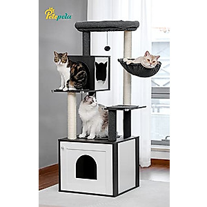 PETEPELA Modern Cat Tree Wood Cat Tower with Storage Cabinet Litter Box Enclosure and Spacious Cat Condo, Large Top Perch and Hammock, Sisal Covered Scratching Posts for Cats Black