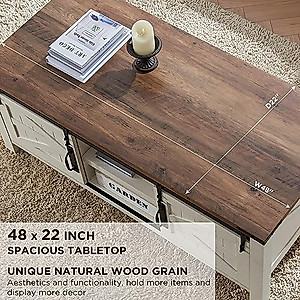 OKD Farmhouse Coffee Table, 48" Storage Center Table with Sliding Barn Doors, Rustic Wood Rectangular Cocktail Table with w/Adjustable Shelves for Living Room, Antique White