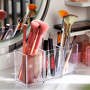 Fumete 12 Pieces Clear Acrylic Pen Holder Makeup Brush Holder Desk Goth Accessories Holder Modern Organizer Storage Stationery Pen Organizer for Office School Home Supplies, 2.6 x 2.6 x 4 Inches