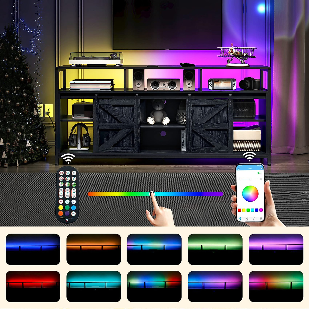 Mid Century Modern Black TV Stand with Sliding Barn Doors, Charging Station, LED Lights, and Storage Shelves for up to 70 inch TVs